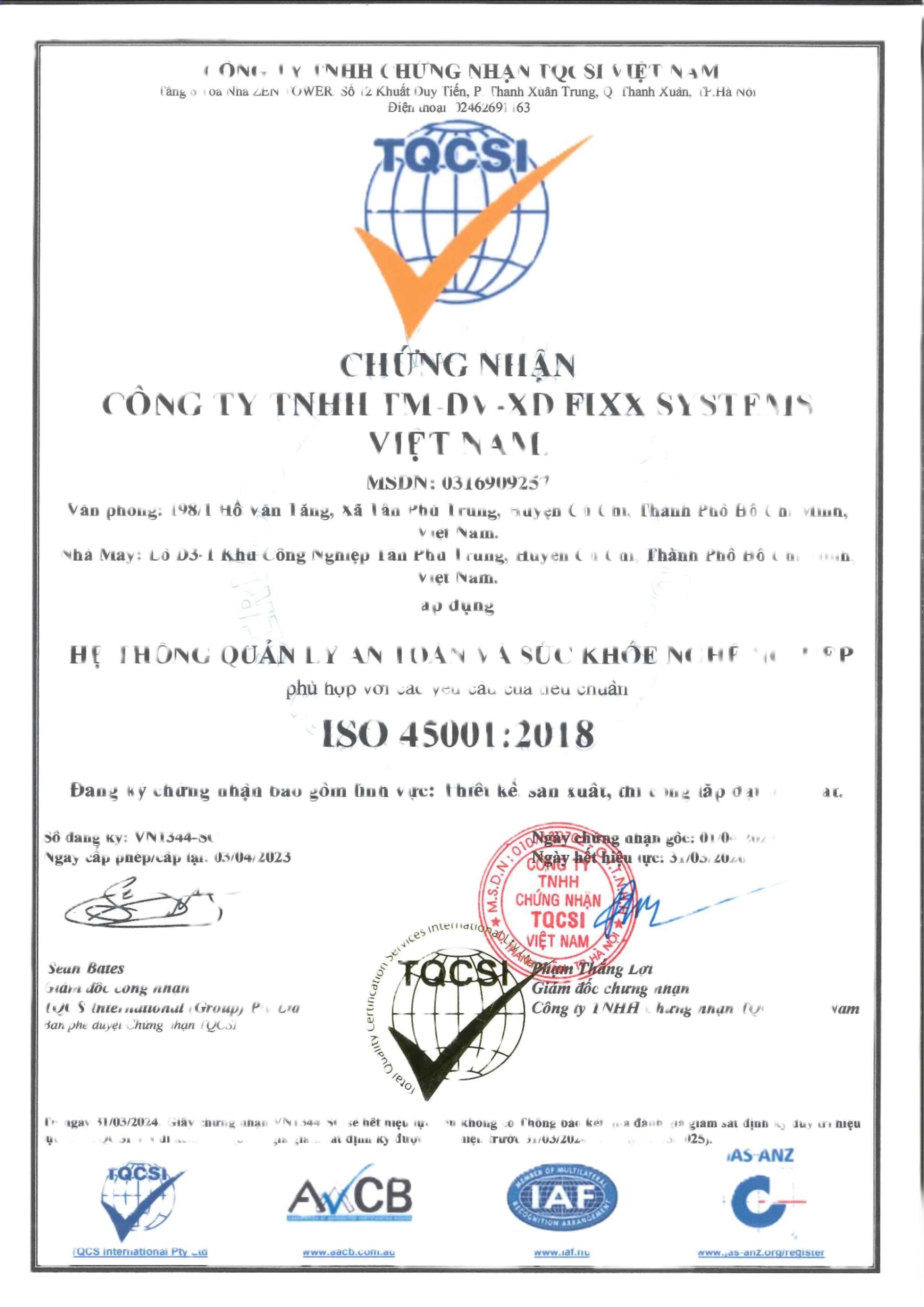Our Certificates - Fixx Systems Vietnam